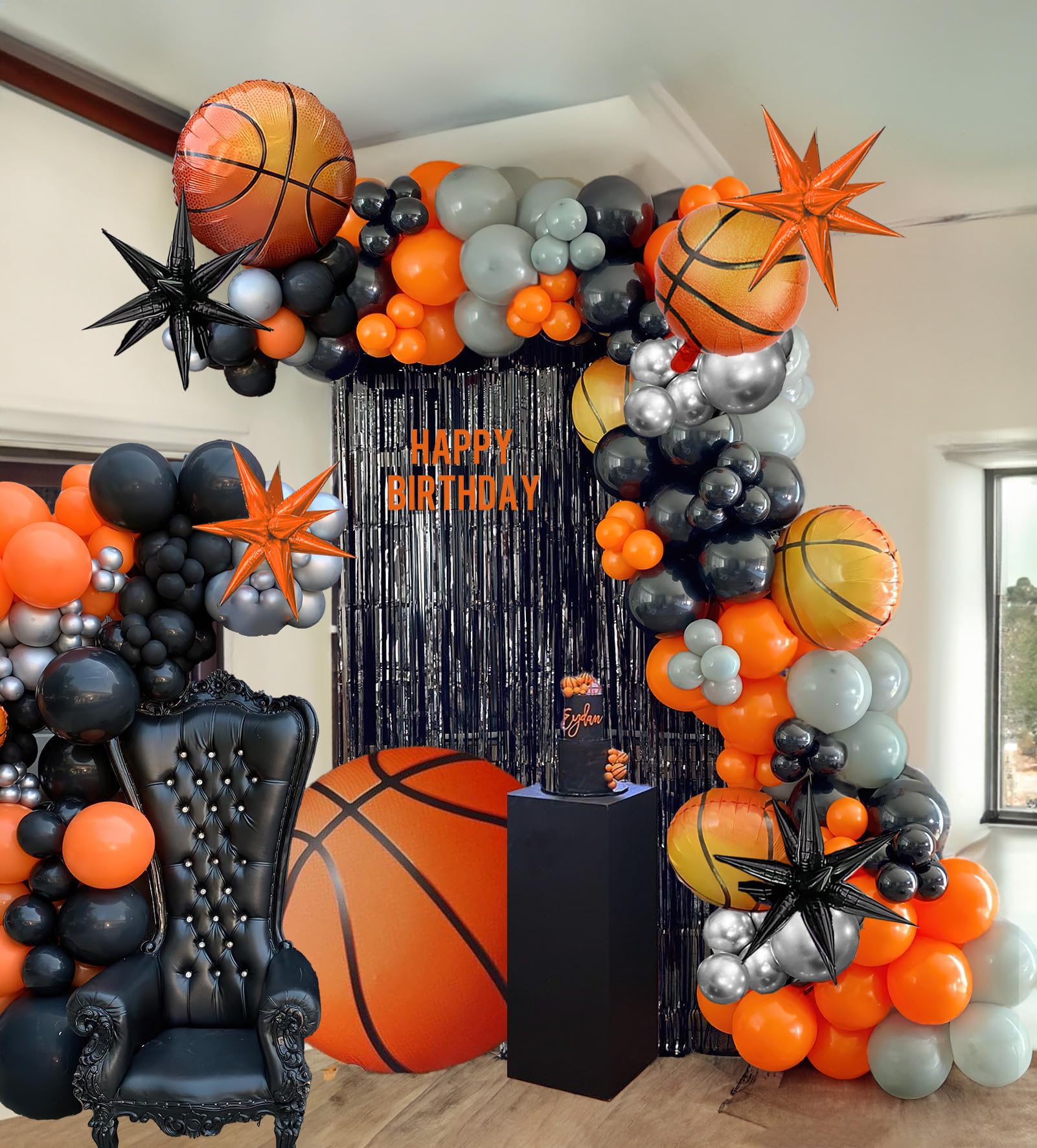 FROUFING Basketball Balloon Garland Arch Kit, 136pcs Orange Gray Black White and Silver with Foil Star Balloons for 1st Birthday Party Baby Shower Sports Theme Supplies Decorations