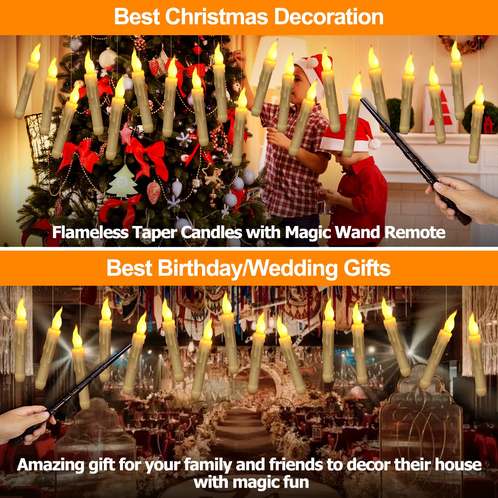 20 Pack Halloween Decorations -Floating Candles with Wand Remote, Christmas Magic Hanging Candles, Flameless Flickering Light Floating LED Candle for Harry Potter Party Ceiling Witch Decor Kids Gift