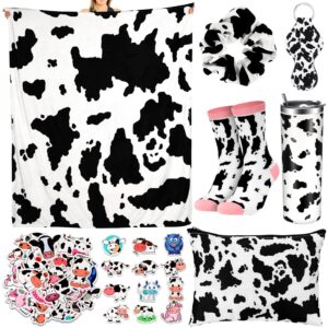 bokon cow print stuff for girls, cow themed set include 50" x 60" warm plush cute blankets 20 oz cow tumbler socks cosmetic bag lipstick holder scrunchies cow sticker for cow lover