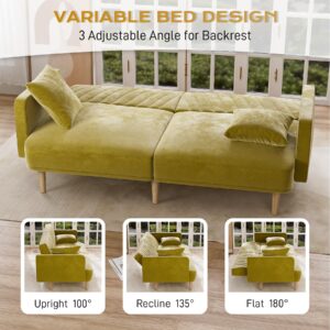 OUYESSIR Futon Sofa Bed, Convertible Sleeper Sofa with Wood Legs, 75.3“ Splitback Sofa with 2 Pillows, Velvet Futon Couch for Living Room (Olive Green)