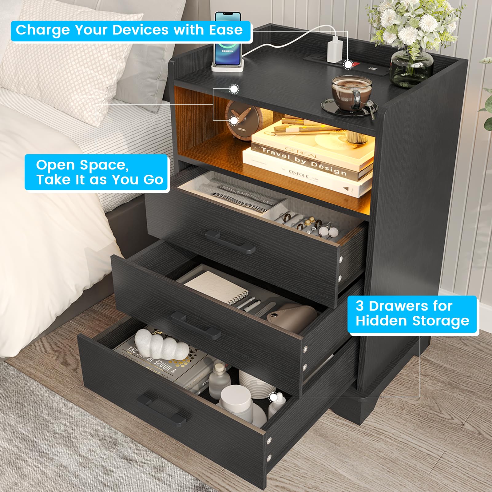 Hasuit Nightstand Set of 2 with Charging Station, LED Lights, 3 Drawers, and Open Storage - Modern Black Bedside Tables