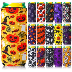 zhehao 16 pcs halloween can cooler sleeves skinny skull bottle cooler neoprene insulated adult halloween party favors pumpkin cat spider gift alcohol holder beverage for party supplies (stylish style)