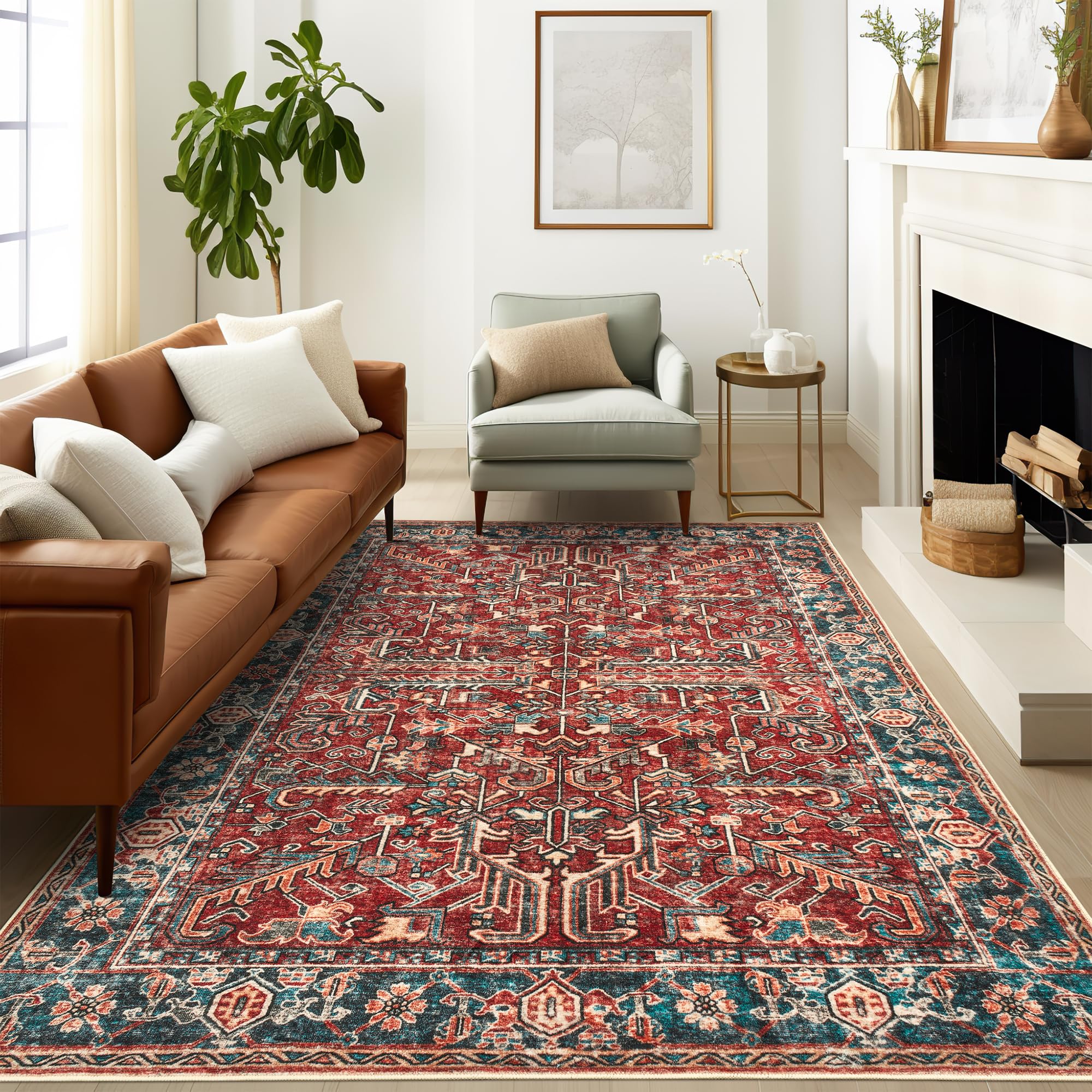 Valenrug Washable Rug 5x7 - Ultra-Thin Antique Collection Area Rug, Stain Resistant Rugs for Living Room Bedroom, Distressed Vintage Rug(Red, 5'x7')