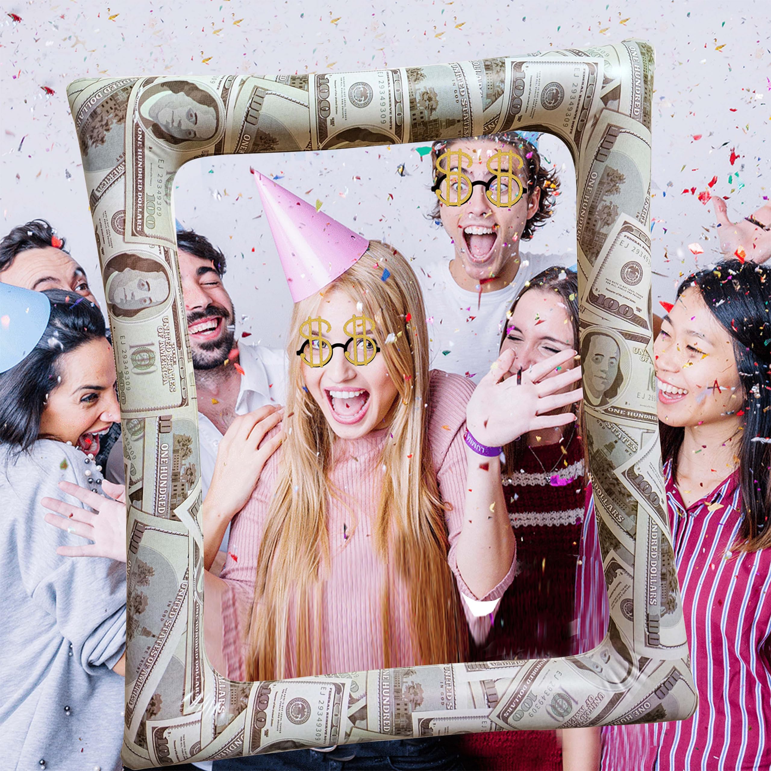 Money Party Inflatable Photo Booth Selfie Frame & Photo Props Set Giant Bill Dollar Party Blow Up Picture Frame for Birthdays Casino Weddings Bachelorette Retirement Graduations Party Decor