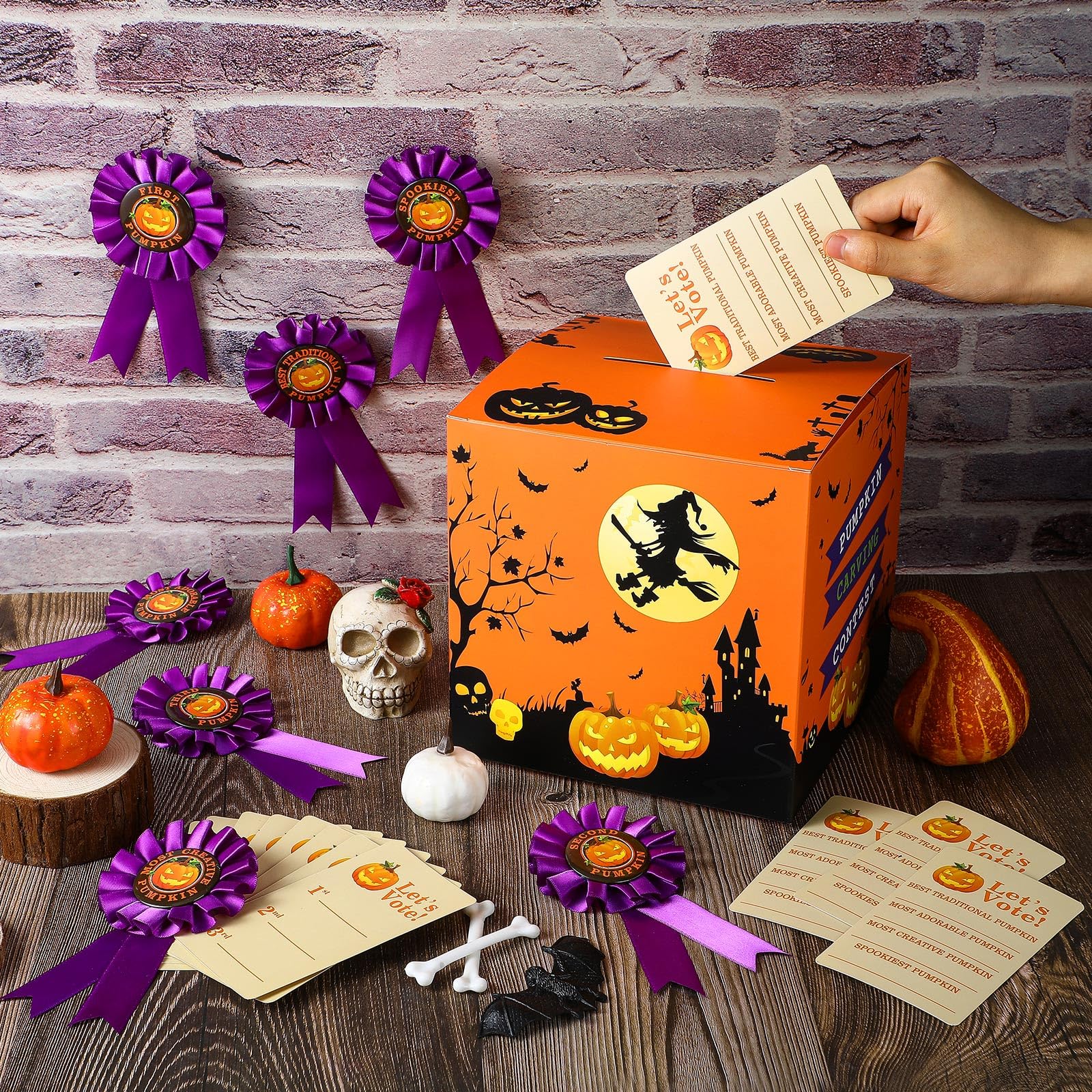 Sasylvia 58 Pcs Halloween Pumpkin Carving Contest Awards Kit Including Halloween Ballot Box 50 Voting Cards 7 Pumpkin Carving Prize Award Ribbons for Pumpkin Carving Game Party Decoration