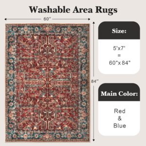 Valenrug Washable Rug 5x7 - Ultra-Thin Antique Collection Area Rug, Stain Resistant Rugs for Living Room Bedroom, Distressed Vintage Rug(Red, 5'x7')