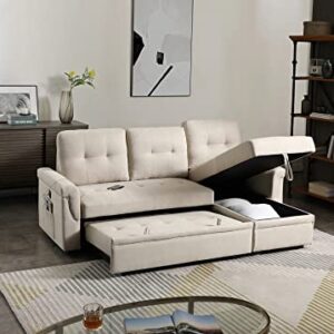 uhome Upholstered Sleeper Sofa with USB Ports sectional Couch Reversible Sofabed, Full XL, Beige