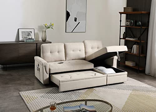 uhome Upholstered Sleeper Sofa with USB Ports sectional Couch Reversible Sofabed, Full XL, Beige