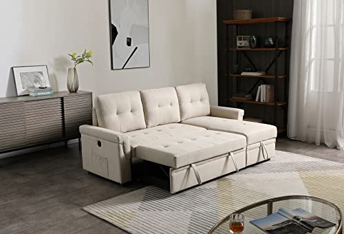 uhome Upholstered Sleeper Sofa with USB Ports sectional Couch Reversible Sofabed, Full XL, Beige