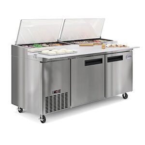 koolmore 71 in. commercial pizza prep table with built-in refrigerator, cutting board, food protection lid, cold storage, rolling caster wheels in stainless steel, etl listed, (km-rpps-2dss)