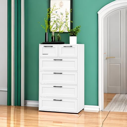 BOTLOG 6 Drawer White Dresser, Tall White Dresser with Large Storage Space, Modern Storage Chest of Drawers, Wood Closet Dresser for Living Room, Hallway, Entryway