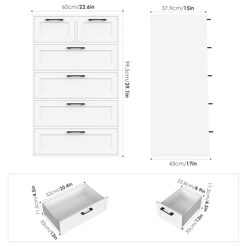 BOTLOG 6 Drawer White Dresser, Tall White Dresser with Large Storage Space, Modern Storage Chest of Drawers, Wood Closet Dresser for Living Room, Hallway, Entryway