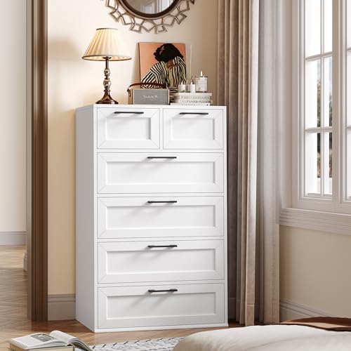 BOTLOG 6 Drawer White Dresser, Tall White Dresser with Large Storage Space, Modern Storage Chest of Drawers, Wood Closet Dresser for Living Room, Hallway, Entryway