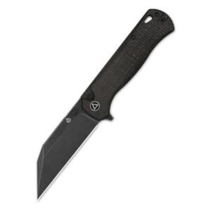 qsp knife swordfish model pocket folding knife, button lock knife, 14c28n blade with g-10 and micarta handles, thumbstuds with flipper (blackwashed blade, dark brown micarta)