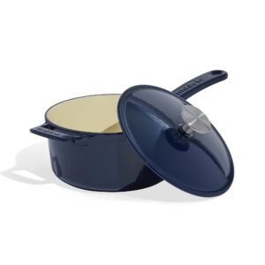 made in cookware - 2 quart enameled cast iron saucepan with lid - harbour blue - hand-enameled cast iron - professional cookware - crafted in france - induction compatible