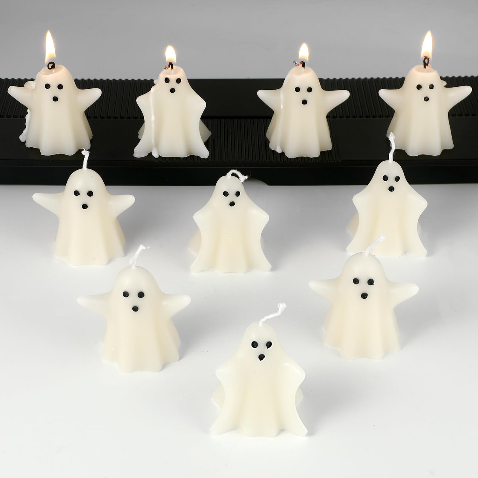 MTLEE 24 Pcs Halloween Ghost Candles White Tea Lights Candles Unscented White Horror Spooky Tea Lights Candles Set Soy Wax Decorative Tabletop Candle for Halloween Party Home Bedroom Decoration