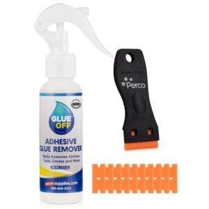 perco glue off adhesive remover - new stronger formula! - 3.3 oz with scraper & plastic razor | glue remover spray effortlessly erase adhesive hassles & car stickers - for label sticker residue