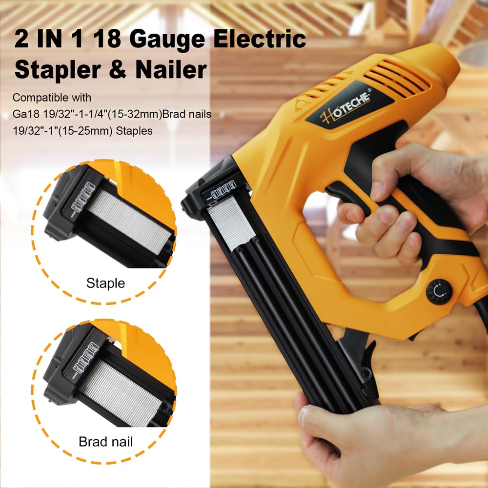 Hoteche 18GA 2-in-1 Electric Brad Nailer/Stapler 19/32-Inch to 1-1/4 Inch Staple Gun Power Adjustable Nail Gun with 2000Pcs Brad Nails& Staples for Home Upholstery and Woodworking