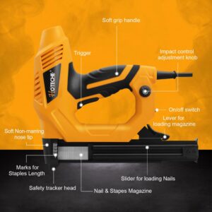 Hoteche 18GA 2-in-1 Electric Brad Nailer/Stapler 19/32-Inch to 1-1/4 Inch Staple Gun Power Adjustable Nail Gun with 2000Pcs Brad Nails& Staples for Home Upholstery and Woodworking