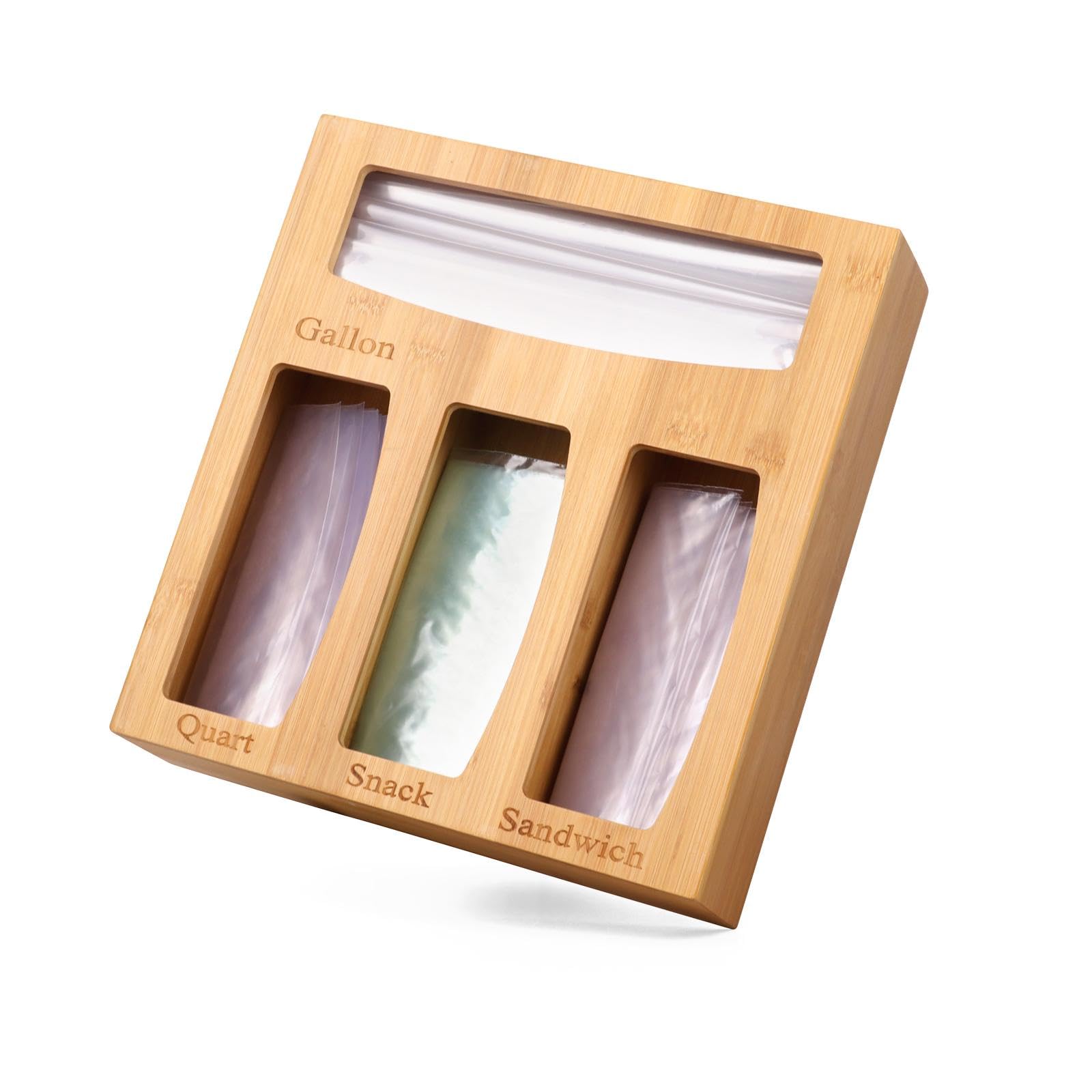 Premium Quality Solid Bamboo One Piece Ziplock Bags Organizer, Food Storage Bag Dispenser for Kitchen Drawer, Bamboo Plastic Bag Organizer, Home Organization for Gallon Quart Snack Sandwich Bags