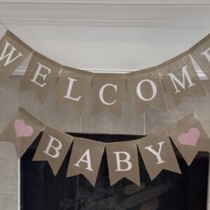 Shimmer Anna Shine Welcome Baby Burlap Banner for Baby Shower Decorations and Gender Reveal Party (Light Pink Hearts)