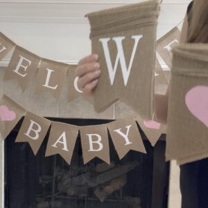 Shimmer Anna Shine Welcome Baby Burlap Banner for Baby Shower Decorations and Gender Reveal Party (Light Pink Hearts)