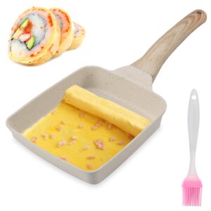 tamagoyaki pan,japanese omelette pan with silicone brush,nonstick tamagoyaki pan,rectangle eg-g roll pan with detachable an-ti scalding handle for all stove,7“x 5.9”(beige，pink)