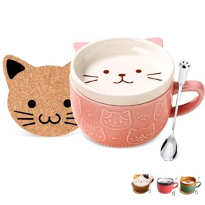 bignosedeer cute cat mug kawaii tea cup pink ceramic coffee mug with lid,tea cups and saucers cute cool preppy stuff cute gifts cat gifts for women cat lovers christmas gifts 10oz