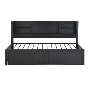 Harper & Bright Designs Twin Bed with Trundle and Storage Bookcase, USB Ports, Solid Wood Platform Bed Frame Twin Size Daybed Sofa Bed for Bedroom Living Room (Twin Size, Black)