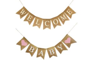 shimmer anna shine welcome baby burlap banner for baby shower decorations and gender reveal party (light pink hearts)