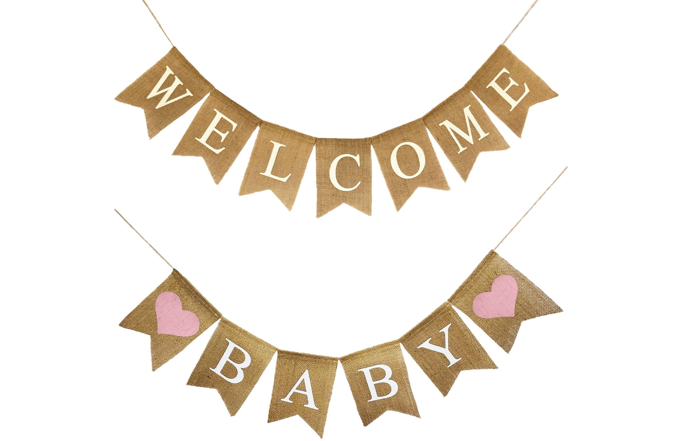 Shimmer Anna Shine Welcome Baby Burlap Banner for Baby Shower Decorations and Gender Reveal Party (Light Pink Hearts)