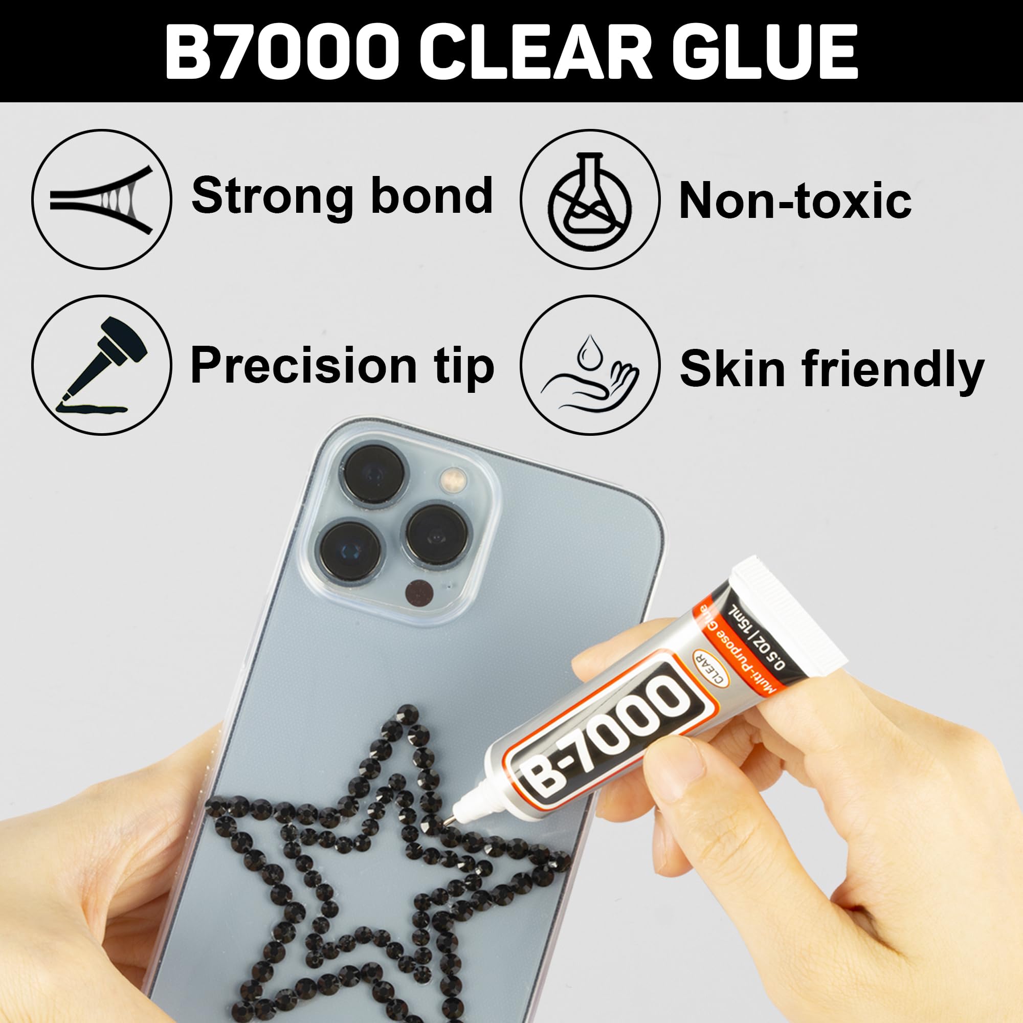 b7000 Glue with 7500Pcs Black Rhinestones for Crafts Clothes Clothing Fabric, Shiny Black Flatback Crystals for Shoes Shirt Cloth Bows,Flat Back Diamonds Set Bedazzle Gems kit Jewels 2-5mm 4 Sizes Mix