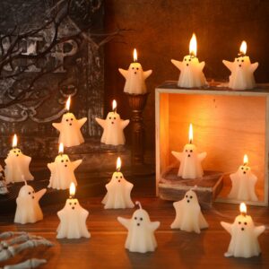 MTLEE 24 Pcs Halloween Ghost Candles White Tea Lights Candles Unscented White Horror Spooky Tea Lights Candles Set Soy Wax Decorative Tabletop Candle for Halloween Party Home Bedroom Decoration