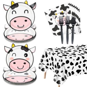 81 pcs cow print party supplies, 40 pcs cow shape party plates, 20 cow pattern napkins, 20 pcs forks, 1 pcs cow print table cover for girl boy kid birthday, baby shower, farm animal theme party