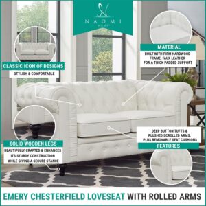 Naomi Home Chesterfield Leather Loveseat, Mini Sofa Sleeper Love Seat, Small Sofas Bed with Rolled Arms, Tufted Cushions 2 Seater Sectional Small Loveseats for Small Spaces, Living Room White