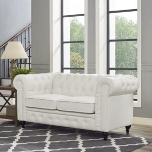 Naomi Home Chesterfield Leather Loveseat, Mini Sofa Sleeper Love Seat, Small Sofas Bed with Rolled Arms, Tufted Cushions 2 Seater Sectional Small Loveseats for Small Spaces, Living Room White