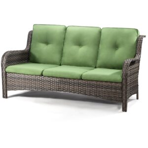 MeetLeisure Outdoor Patio Couch Wicker Sofa - 3 Seater Rattan Sofa for Outside Patio Garden with Deep Seating and Olefin Cushions(Mixed Grey/Green)