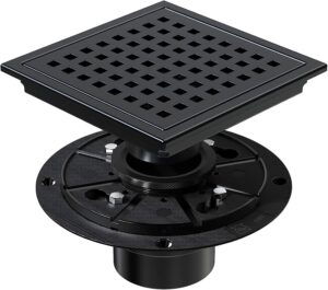 ello&allo shower floor drain with flange,quadrato pattern grate removable 6 inch square, sus 304 stainless steel, matte black