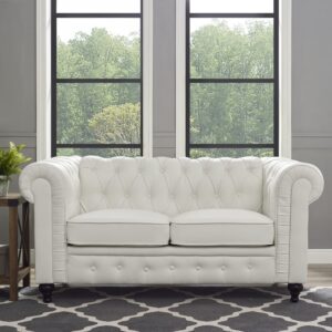 Naomi Home Chesterfield Leather Loveseat, Mini Sofa Sleeper Love Seat, Small Sofas Bed with Rolled Arms, Tufted Cushions 2 Seater Sectional Small Loveseats for Small Spaces, Living Room White