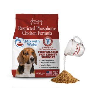 dave's pet food kidney support for dogs with renal support (chicken formula crumble) non-prescription low phosphorus restricted diet dog food, added vitamins minerals taurine, vet formulated, 4 lb