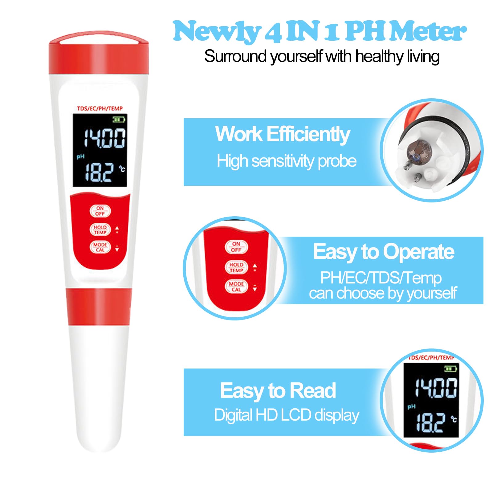 Suyaequt PH Meter, Digital 4 in 1 PH EC TDS Temp Meter for Water Hydroponics, 0.01 pH Accuracy Tester for Household Drinking, Pool and Aquarium