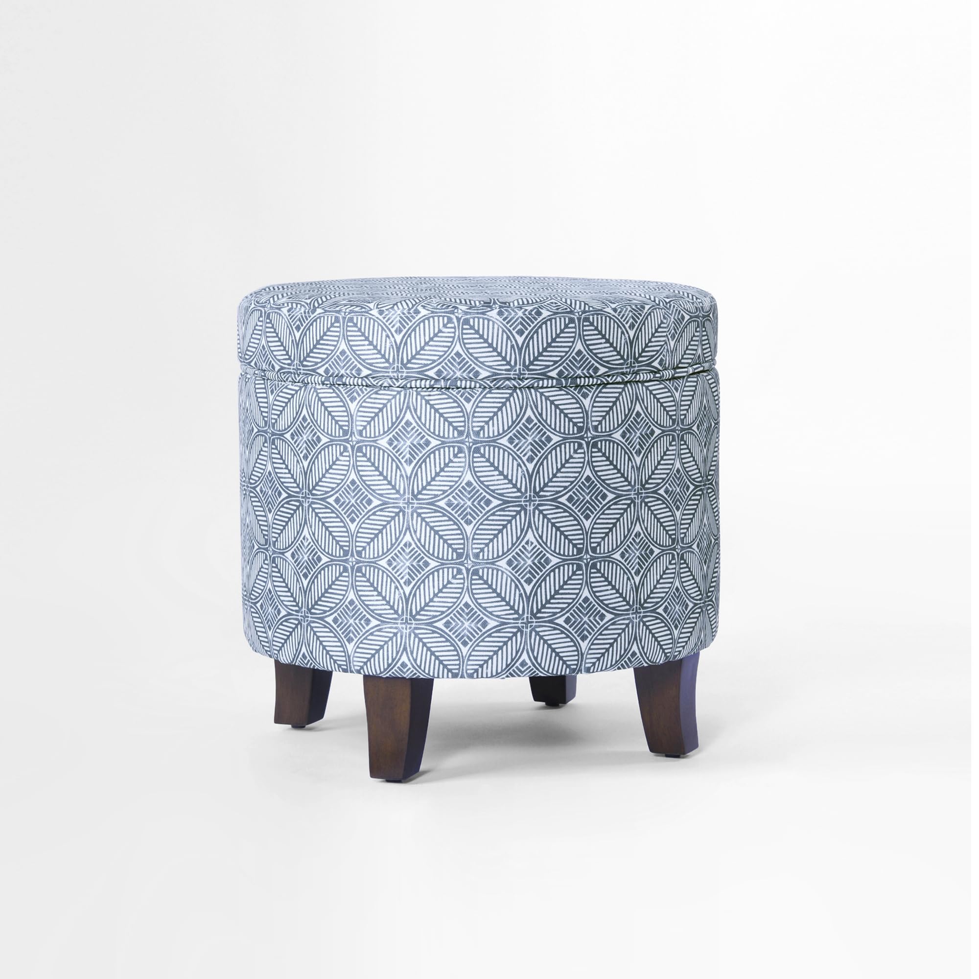 HomePop Upholstered Round Storage Ottoman Home Décor|Upholstered Round Foot Rest Ottoman -Blue Indigo Print Large