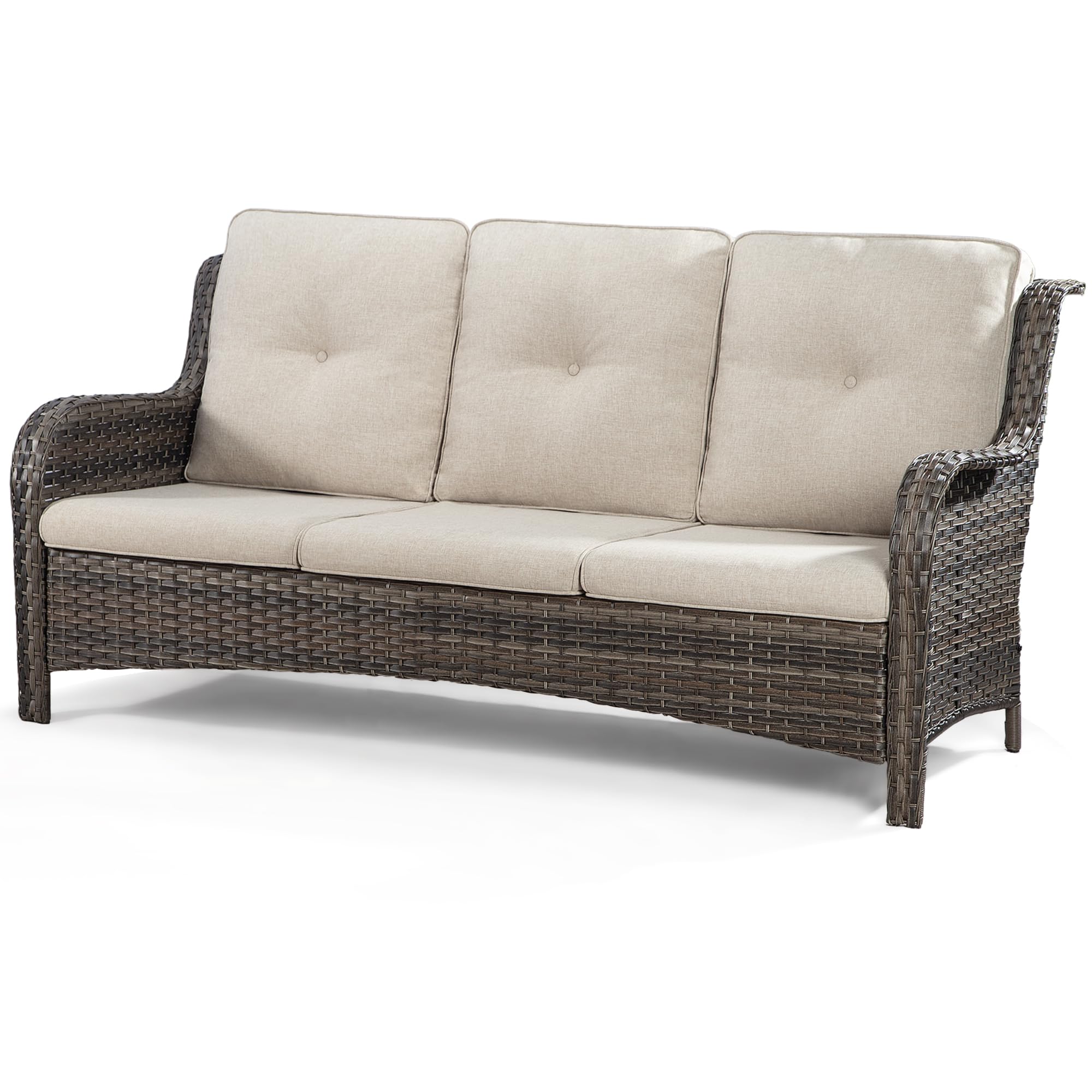 MeetLeisure Outdoor Patio Couch Wicker Sofa - 3 Seater Rattan Sofa for Outside Patio Garden with Deep Seating and Olefin Cushions(Mixed Grey/Beige)