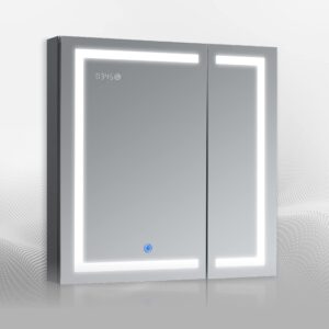 decadom led mirror medicine cabinet recessed or surface, dimmer, clock, room temp display, dual outlets (duna 30x32)