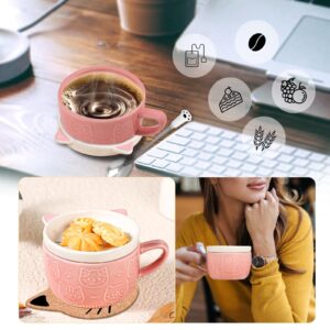 BigNoseDeer Cute Cat Mug Kawaii Tea Cup Pink Ceramic Coffee Mug with lid,Tea Cups and Saucers Cute Cool Preppy Stuff Cute Gifts Cat Gifts for women Cat Lovers Christmas Gifts 10oz