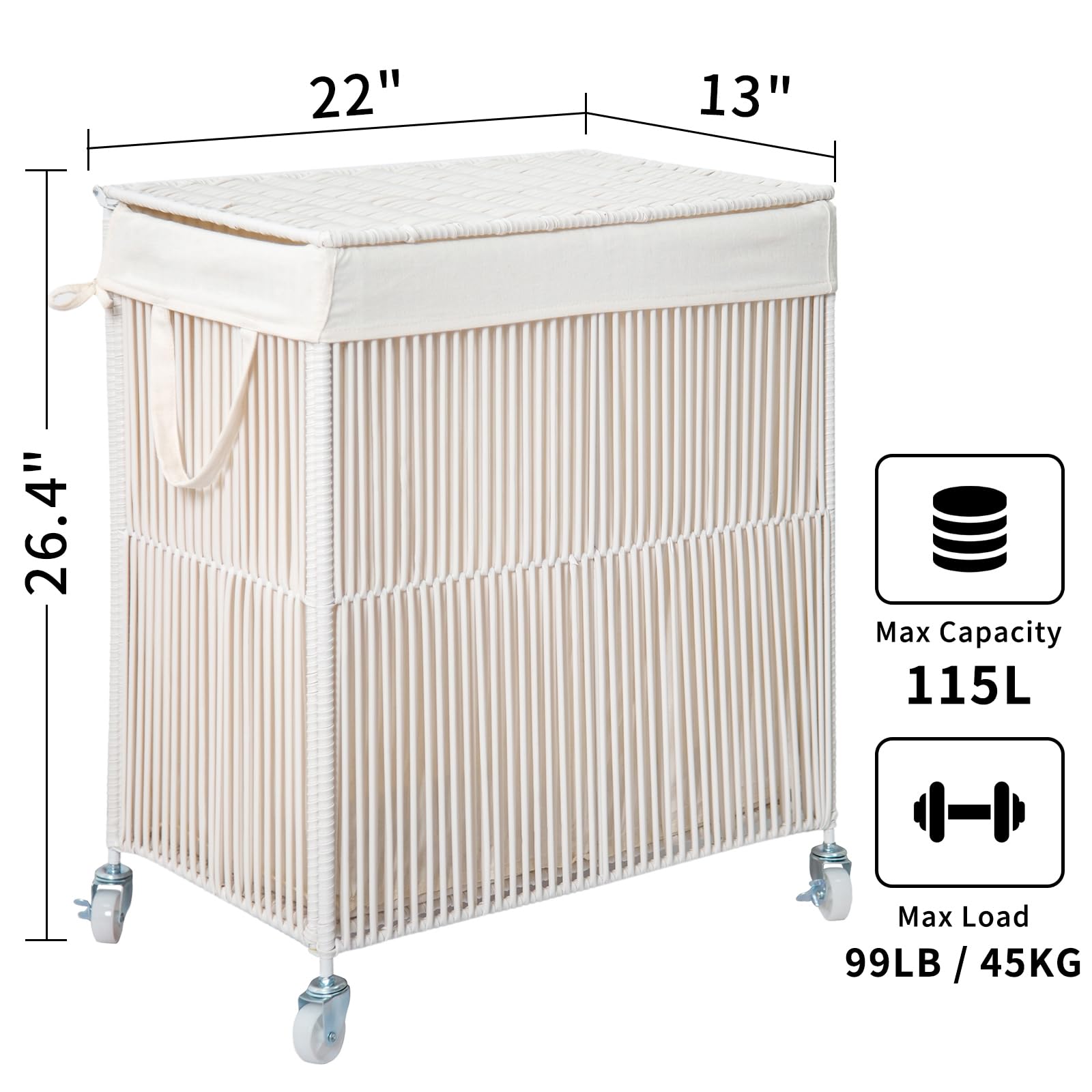 WOWLIVE Laundry Hamper with Wheels, Handwoven Rolling Laundry Basket with Lid, Clothes Hamper with Divided Removable Liner Bag, 115L Large Capacity Laundry Sorter Laundry Room Organization, White