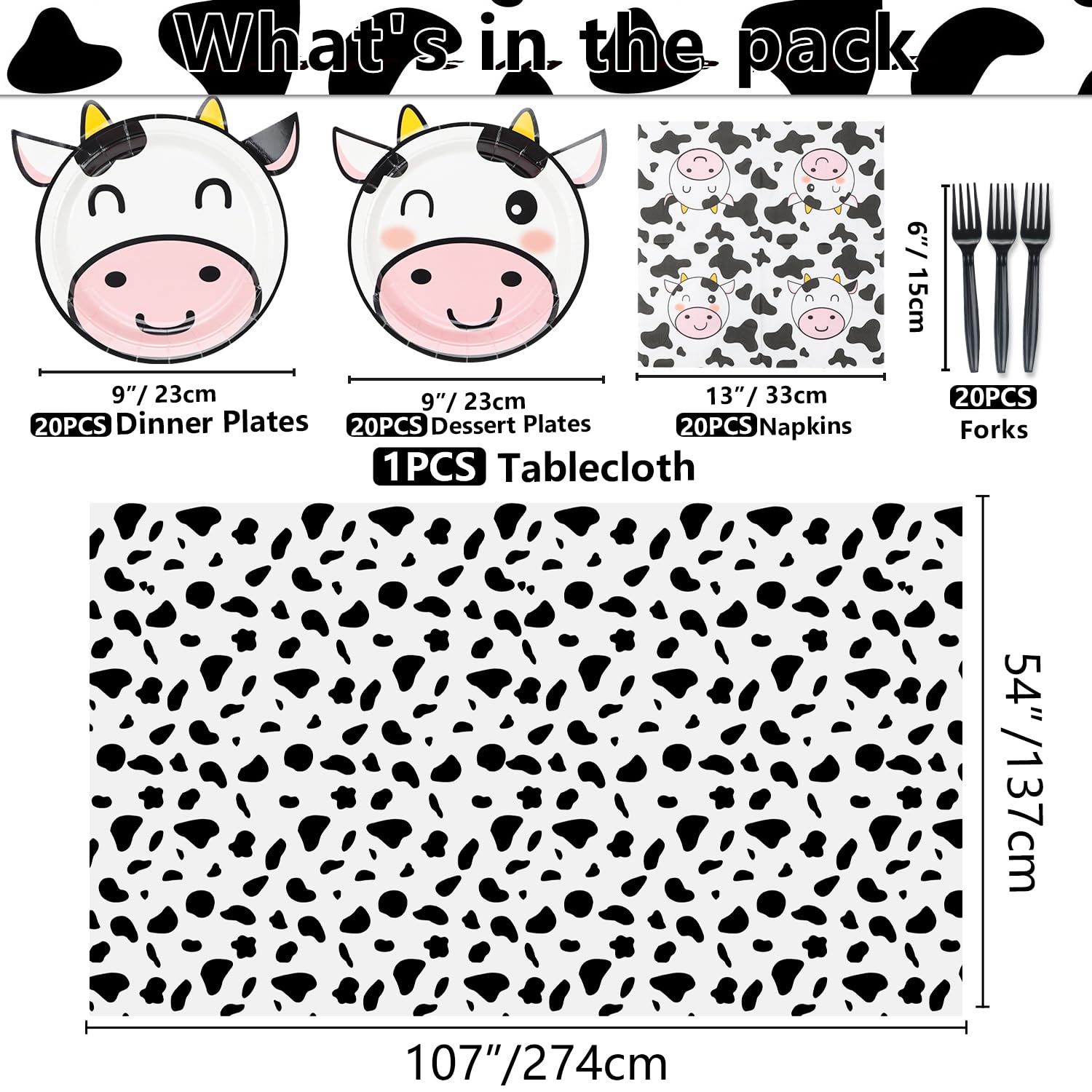 81 Pcs Cow Print Party Supplies, 40 Pcs Cow Shape Party Plates, 20 Cow Pattern Napkins, 20 Pcs Forks, 1 Pcs Cow Print Table Cover for Girl Boy Kid Birthday, Baby Shower, Farm Animal Theme Party