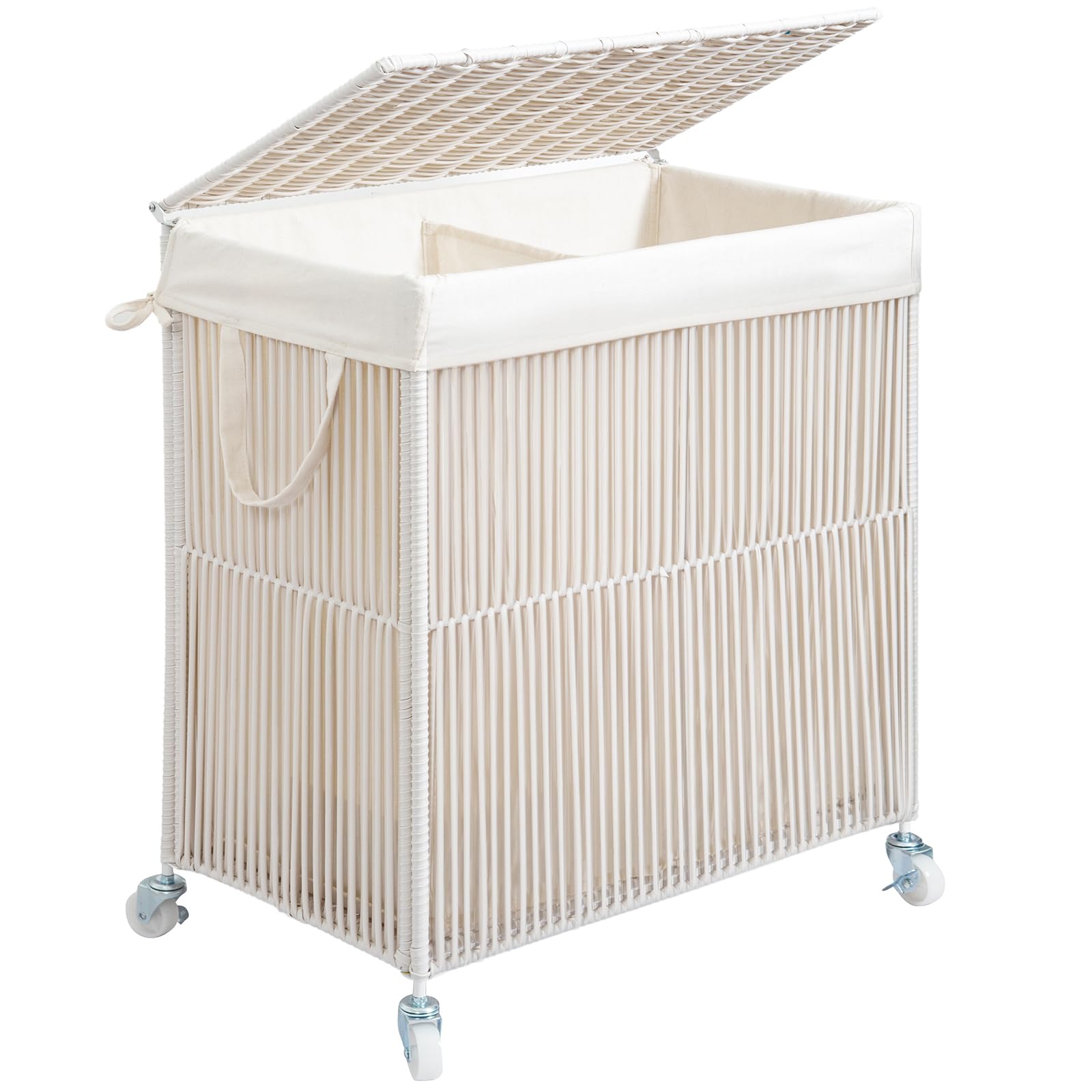 WOWLIVE Laundry Hamper with Wheels, Handwoven Rolling Laundry Basket with Lid, Clothes Hamper with Divided Removable Liner Bag, 115L Large Capacity Laundry Sorter Laundry Room Organization, White