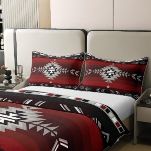 King Size 100% Cotton Southwest Native Design Duvet Cover Southwestern Geometric Bedding Set Ultra Soft Tribal Comforter Cover Set Red Grey Bedspread Cover Room Decor Bedclothes Zipper