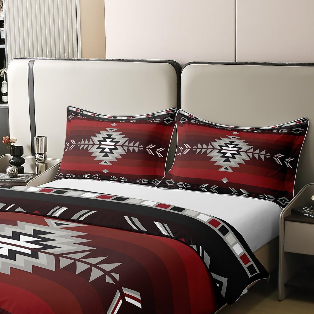 King Size 100% Cotton Southwest Native Design Duvet Cover Southwestern Geometric Bedding Set Ultra Soft Tribal Comforter Cover Set Red Grey Bedspread Cover Room Decor Bedclothes Zipper